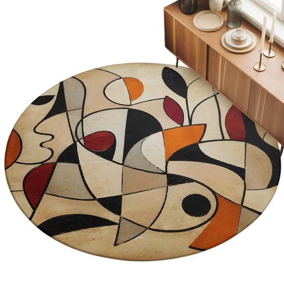 Abstract Line Art Area Rug, Vintage Minimalist Tan Orange Black Color ...