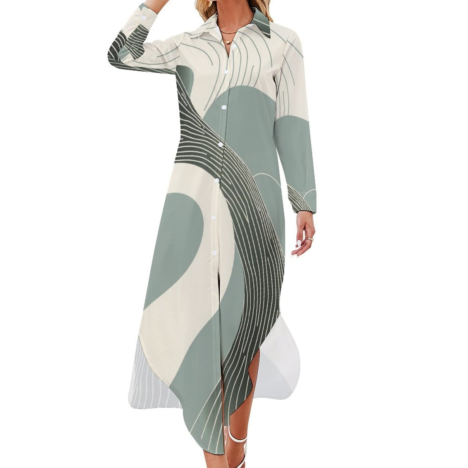 Abstract Line Art Design Chiffon Dress V Neck Dresses Women Casual ...