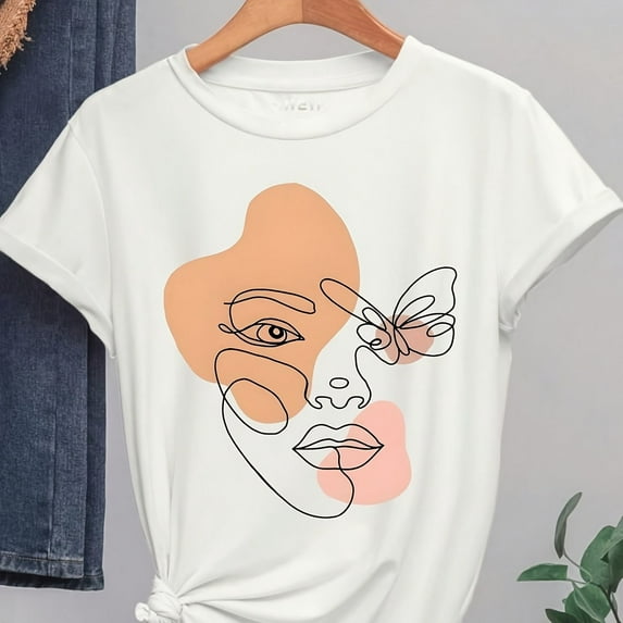 Abstract Line Art Face T-S1Hirt With Butterfly And Pink pes - Aesthetic ...