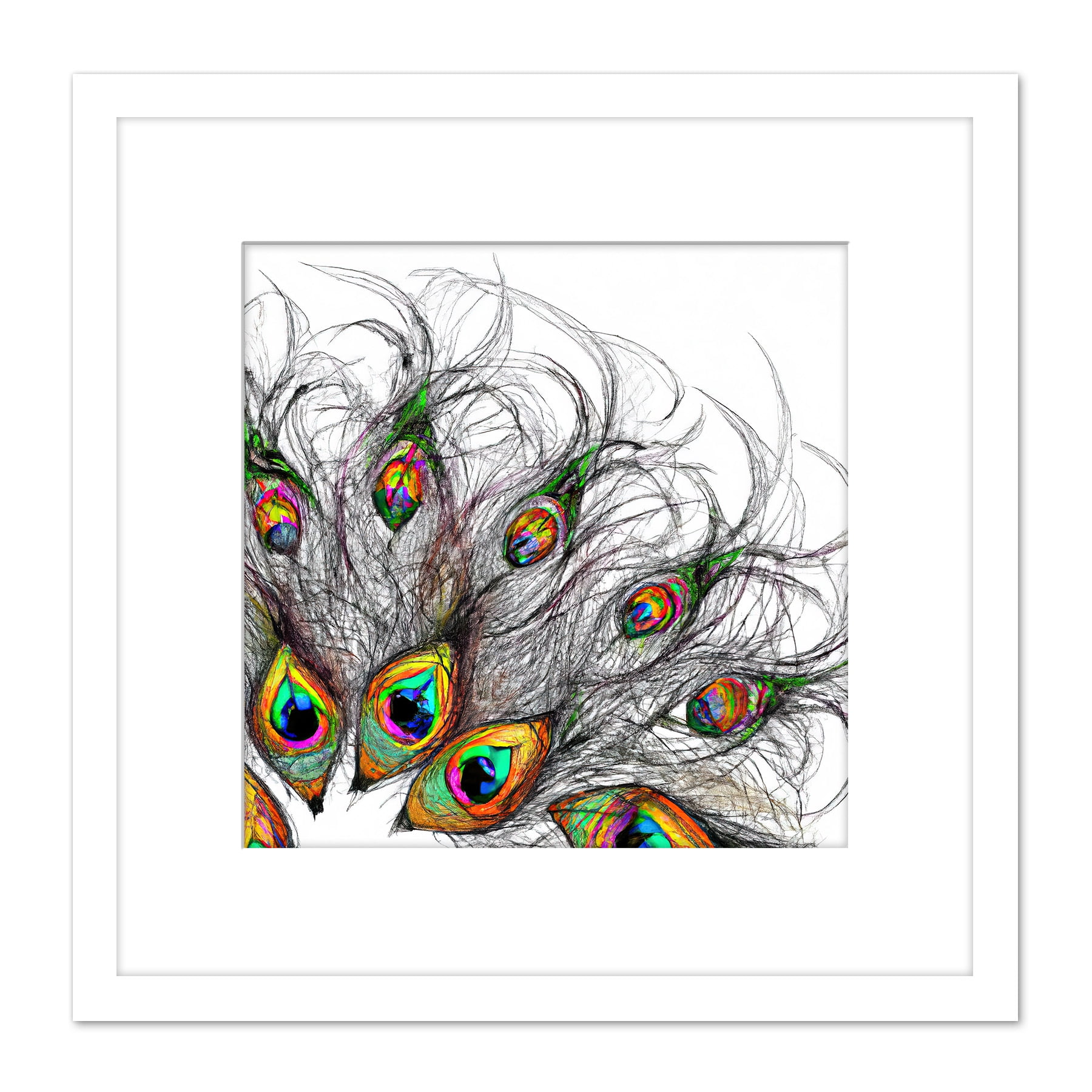 Abstract Line Art Peacock Feather Pen Ink Drawing Square Wooden Framed ...