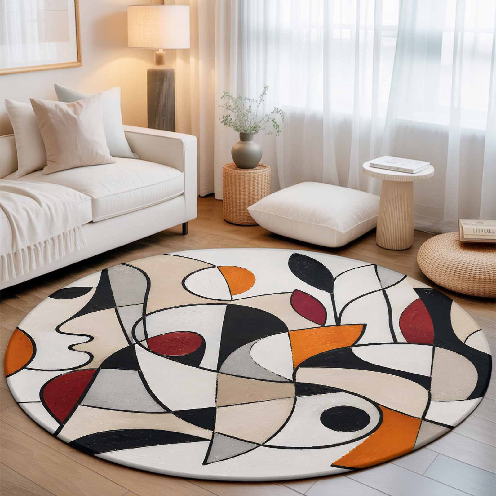 Abstract Line Art Round Living Room Rugs 3.3 ft, Modern Minimalist Tan ...