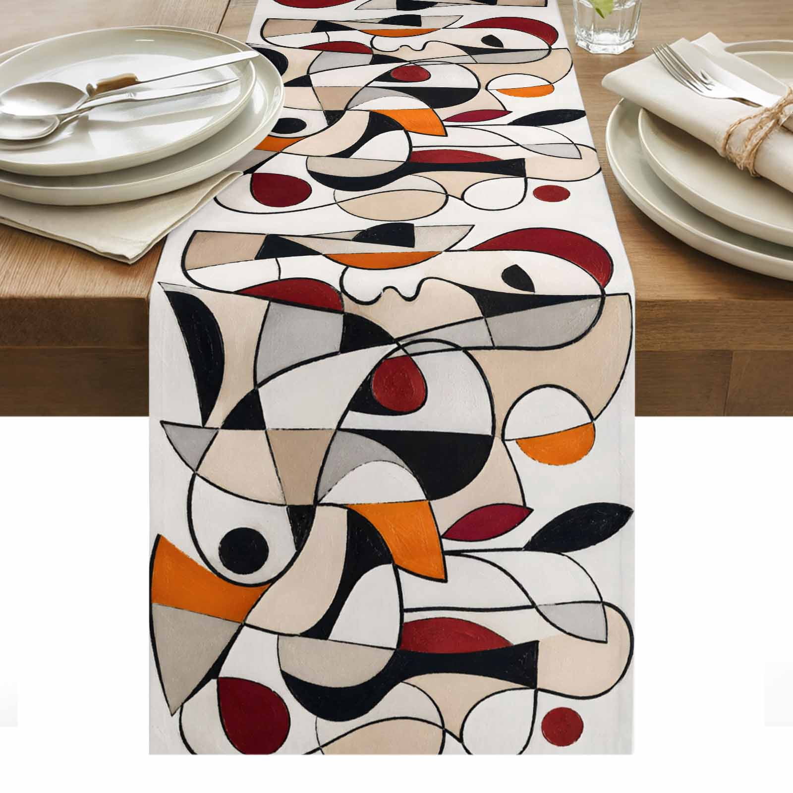 Abstract Line Art Table Runner, Modern Minimalist Tan Orange Black ...