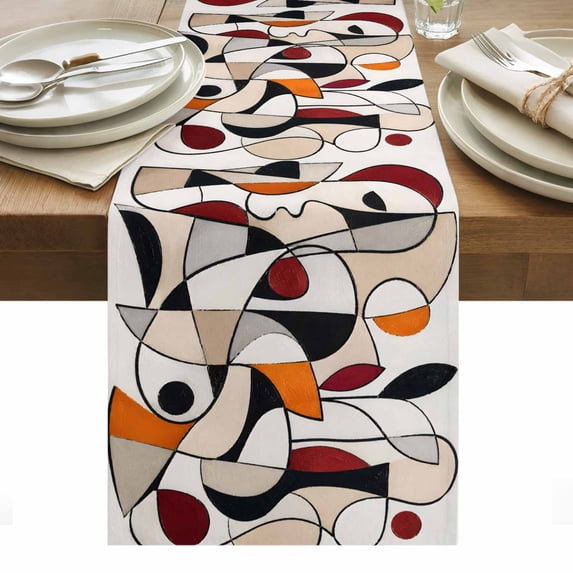 Abstract Line Art Table Runner, Modern Minimalist Tan Orange Black ...