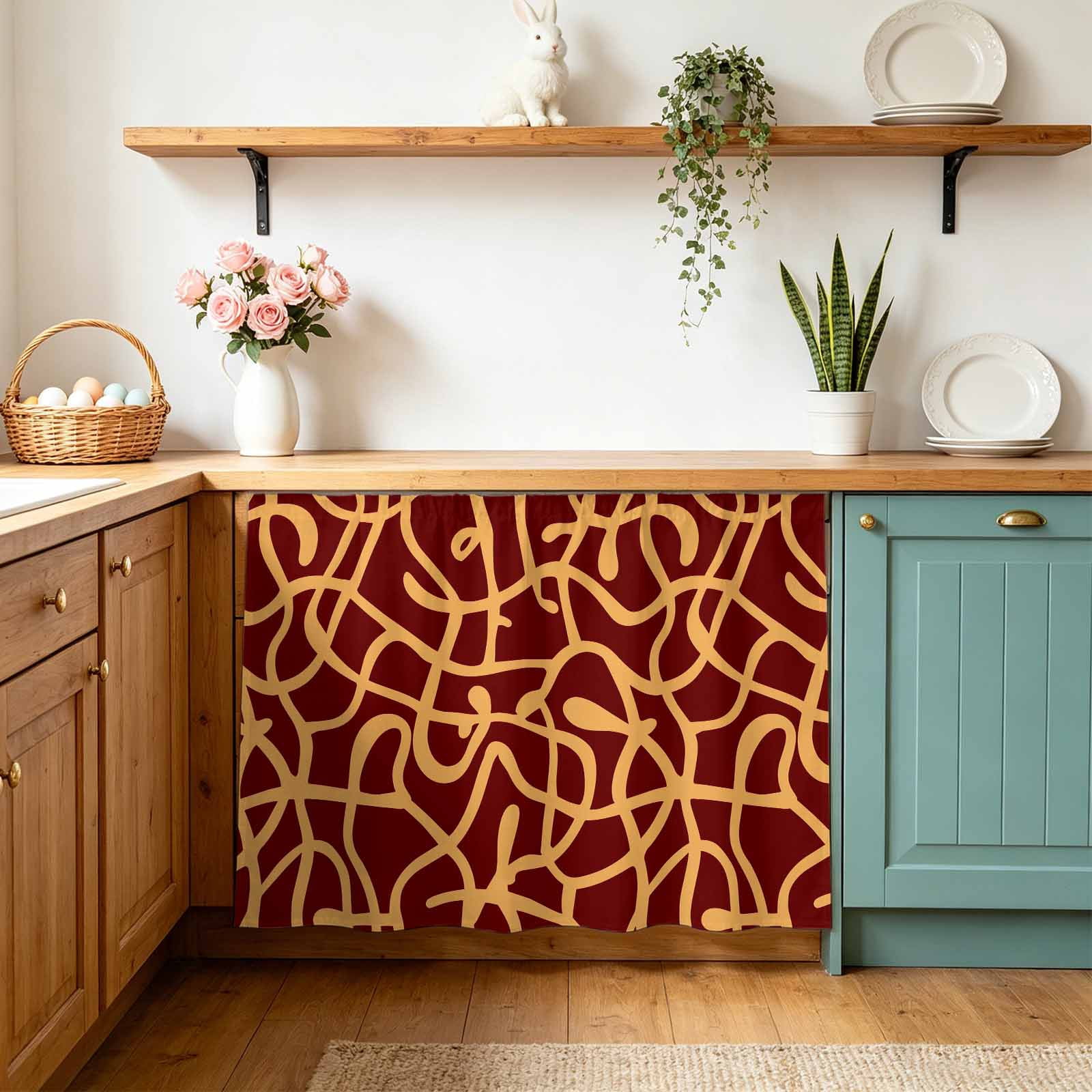 Abstract Line Cabinet Curtains 10" W x 11" L, Retro Pattern Orange Wave ...