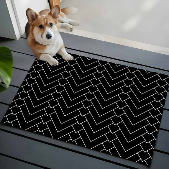 Abstract Line Front Door Rugs 2x3 ft Herringbone Black White Modern ...