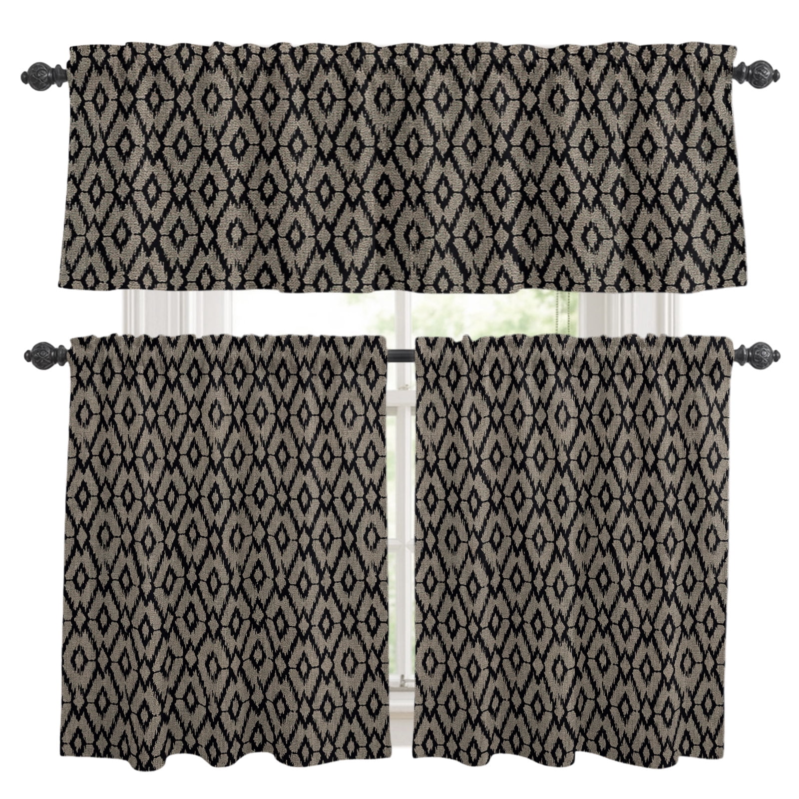 Abstract Line Kitchen Curtains Valance and Tier Set Art with Black ...