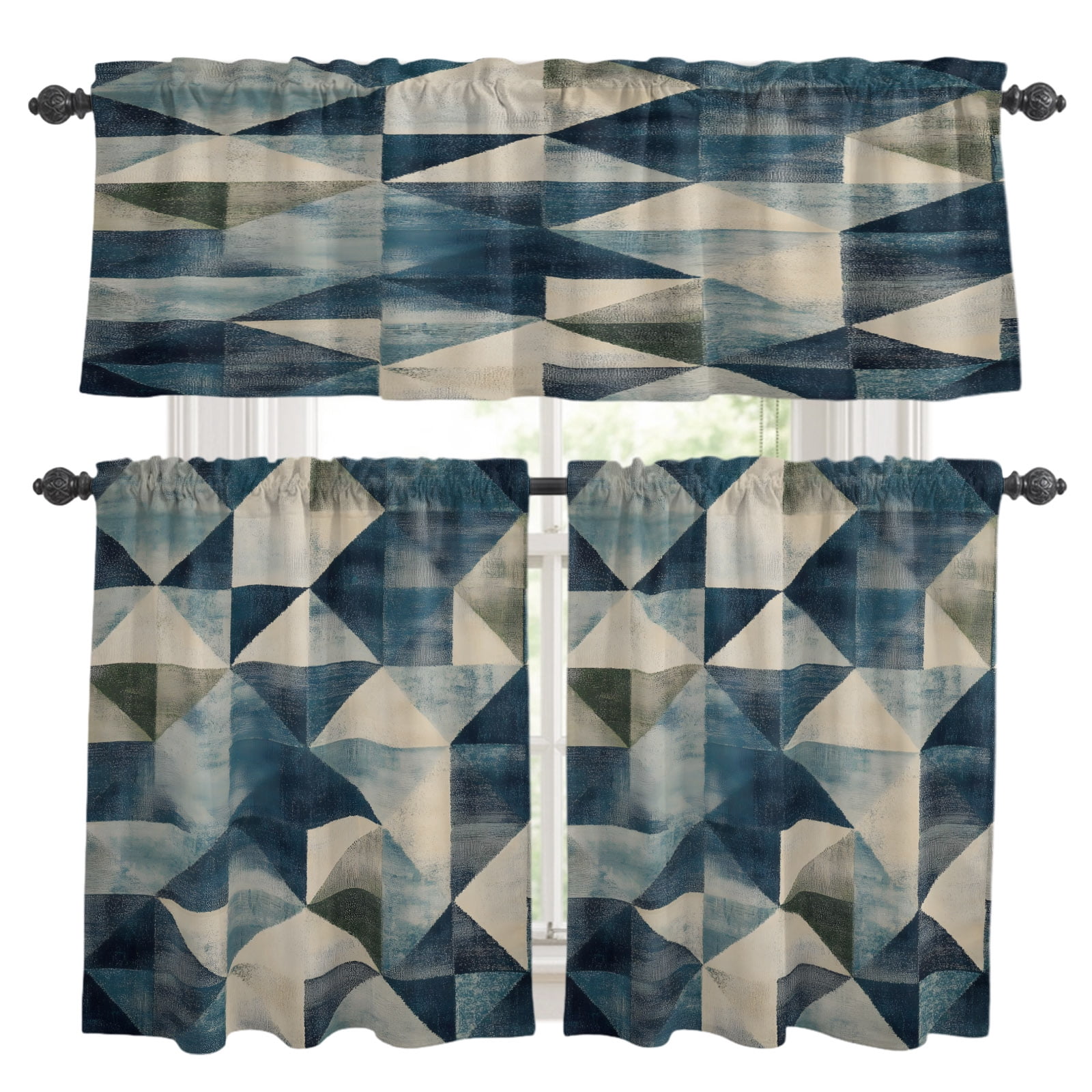 Abstract Line Kitchen Curtains Valance and Tier Set Beige Blue Shaped ...