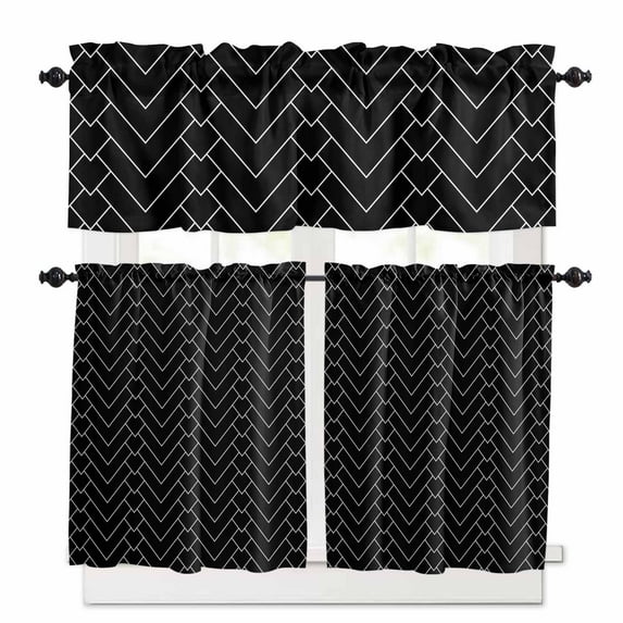 Abstract Line Kitchen Curtains Valance and Tier Set Herringbone Black ...