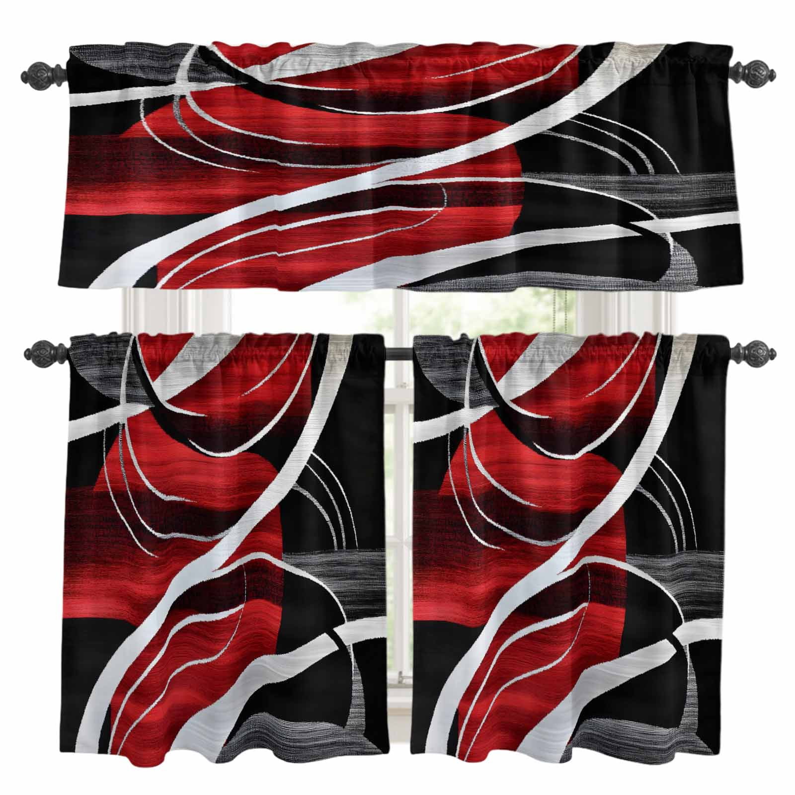 Abstract Line Kitchen Curtains Valance and Tier Set Retro Dark Art Rod ...
