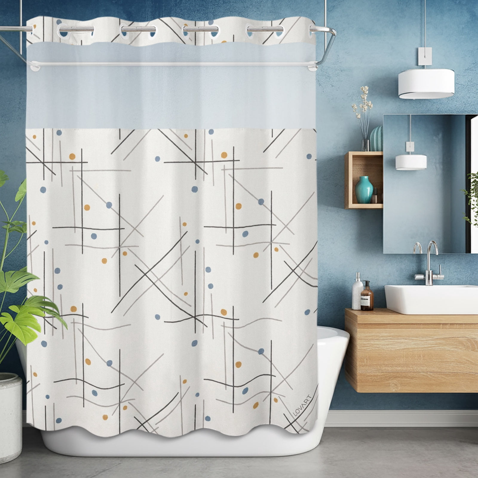 Abstract Line Polka Dot No Hook Shower Curtain with Snap in Liner Set ...