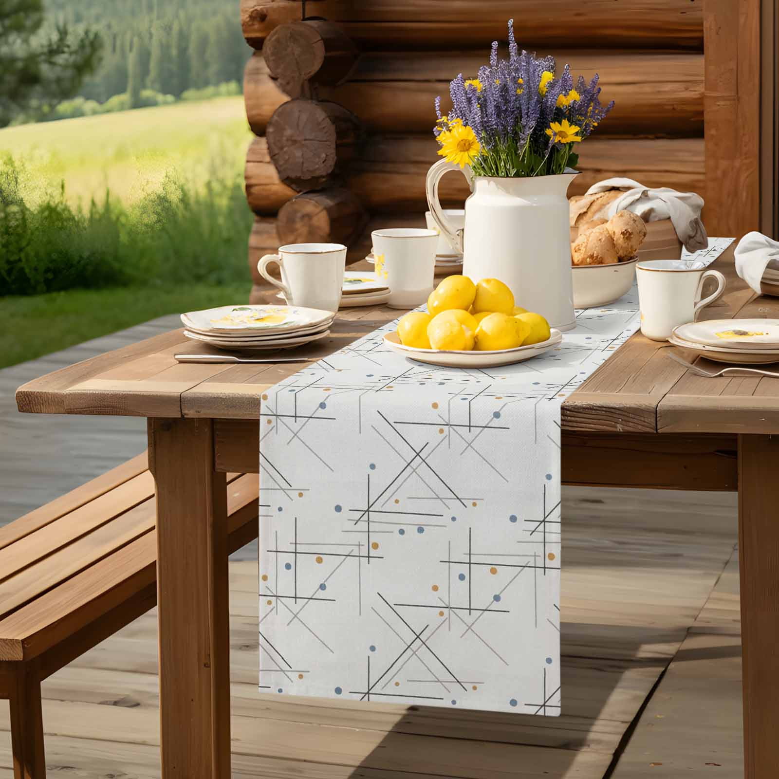 Abstract Line Polka Dot Table Runner 13x90in Non-Slip Cotton Linen ...