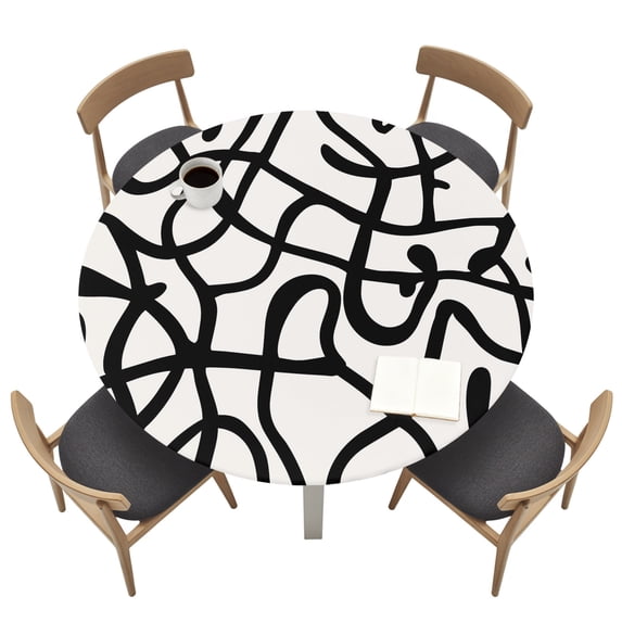 Abstract Line Round Fitted Table Cover Retro Black Wave Line Art White ...