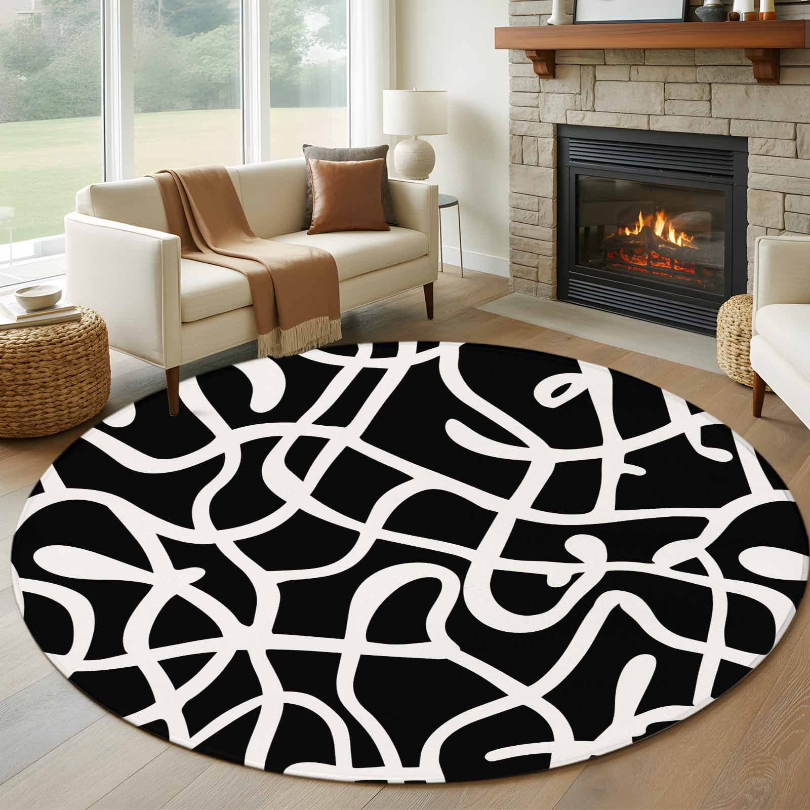 Abstract Line Round Rug 5Ft Retro White Wave Line Art Black Minimalist ...