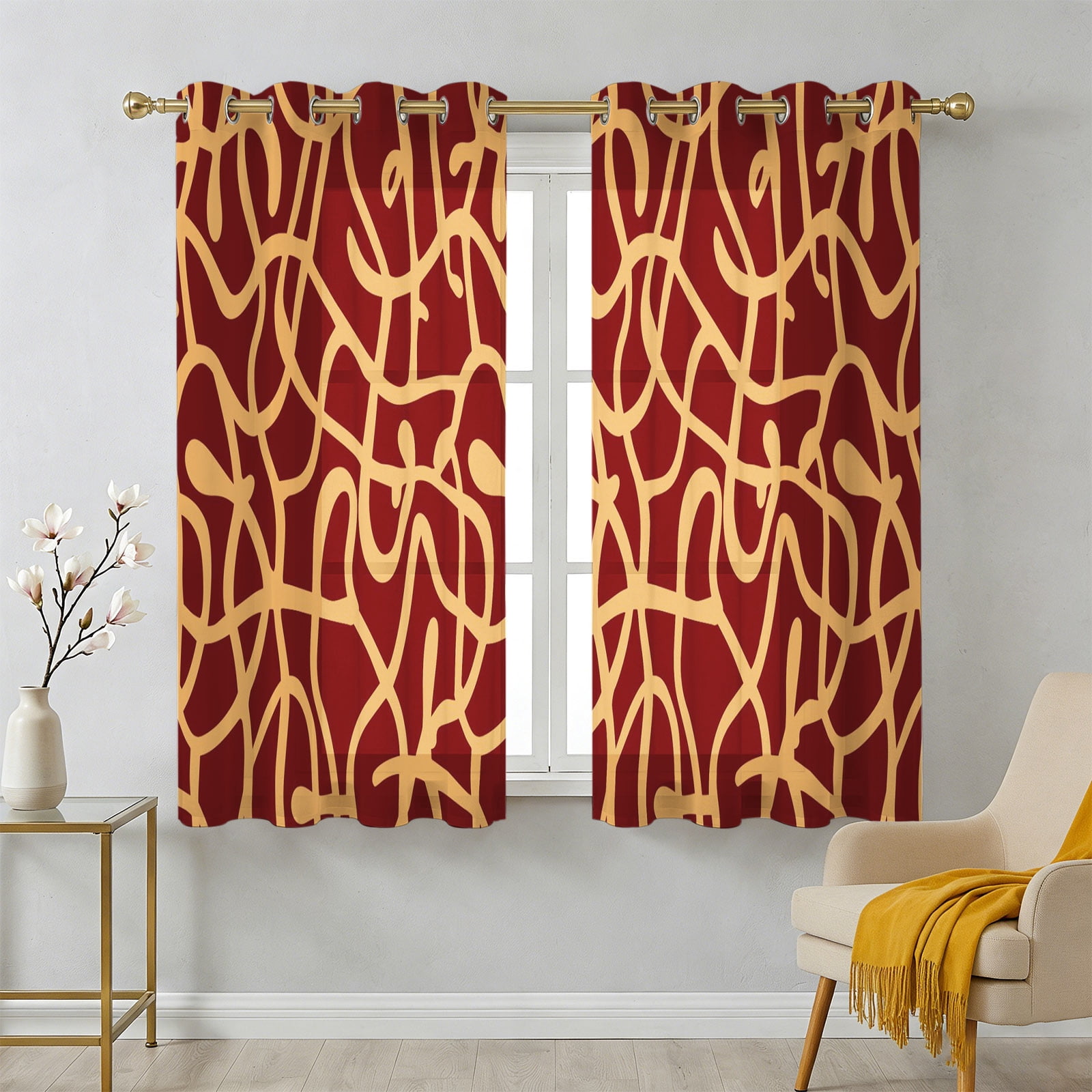 Abstract Line Sheer Curtains 45 Inch Long 2 Panels, Retro Pattern ...