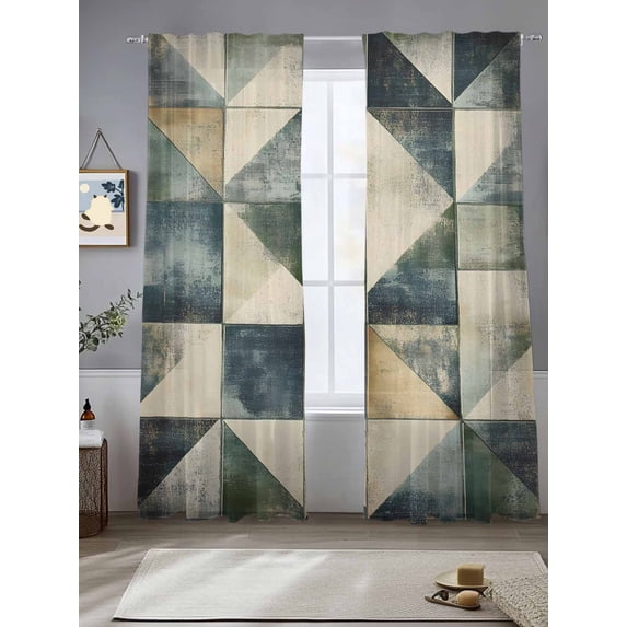 Abstract Line Sheer Curtains 84 Inches Long 2 Panels Blue Beige Shaped ...