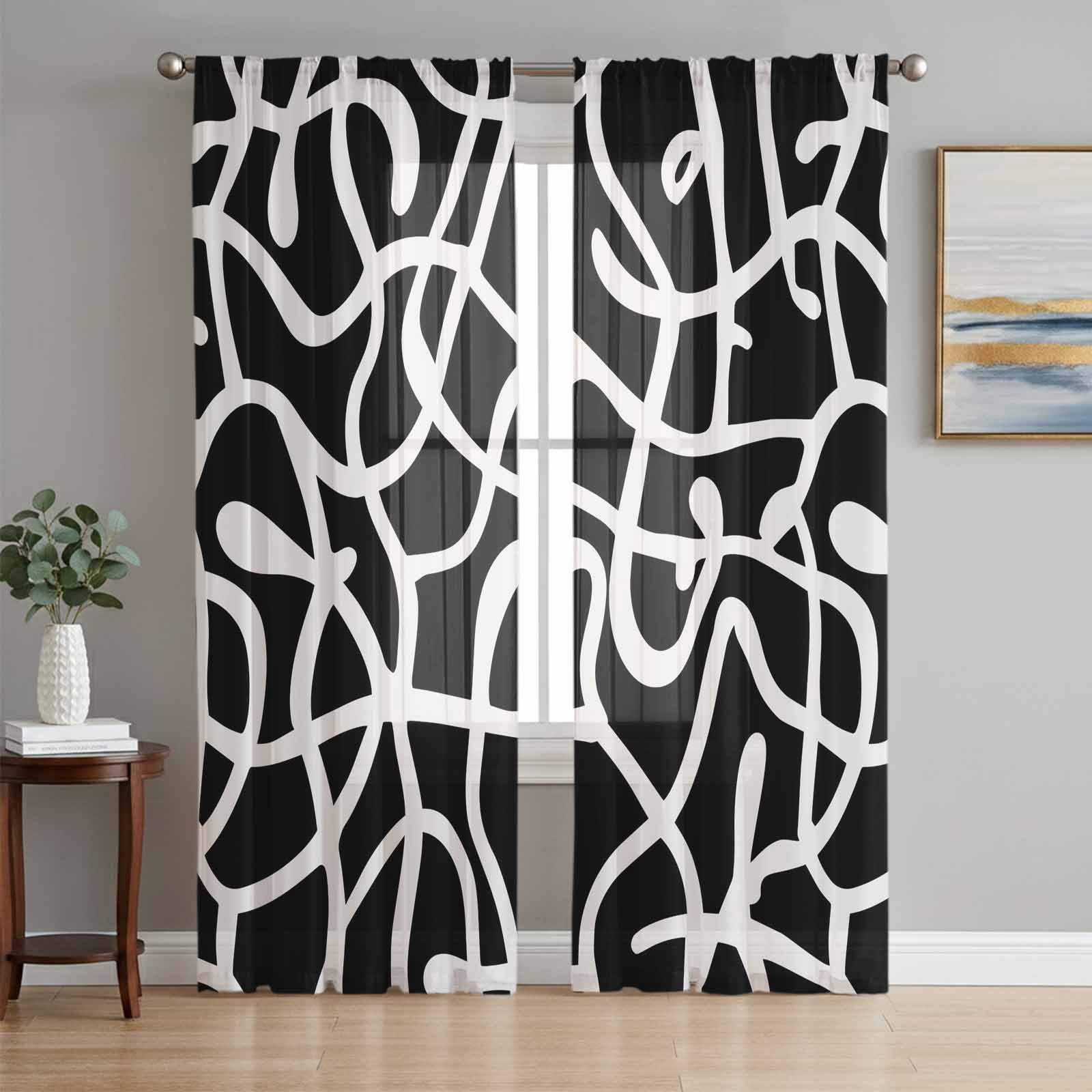 Abstract Line Sheer Curtains for Living Room Bedroom, Retro White Wave ...