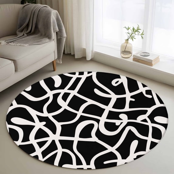 Abstract Line Small Round Rug 3Ft Retro White Wave Line Art Black ...