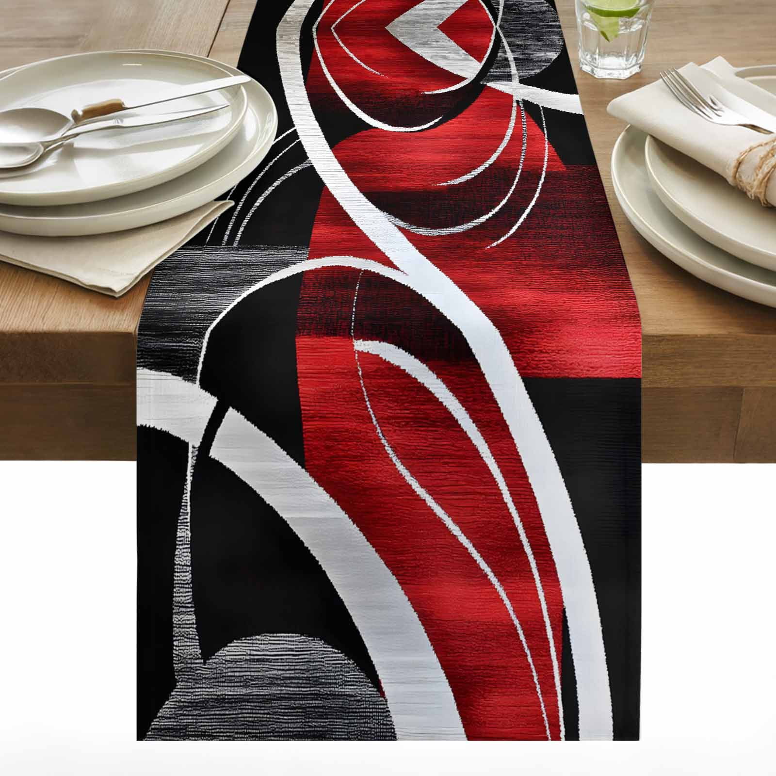 Abstract Line Table Runner 13x60 inch Retro Dark Art Cotton Linen ...