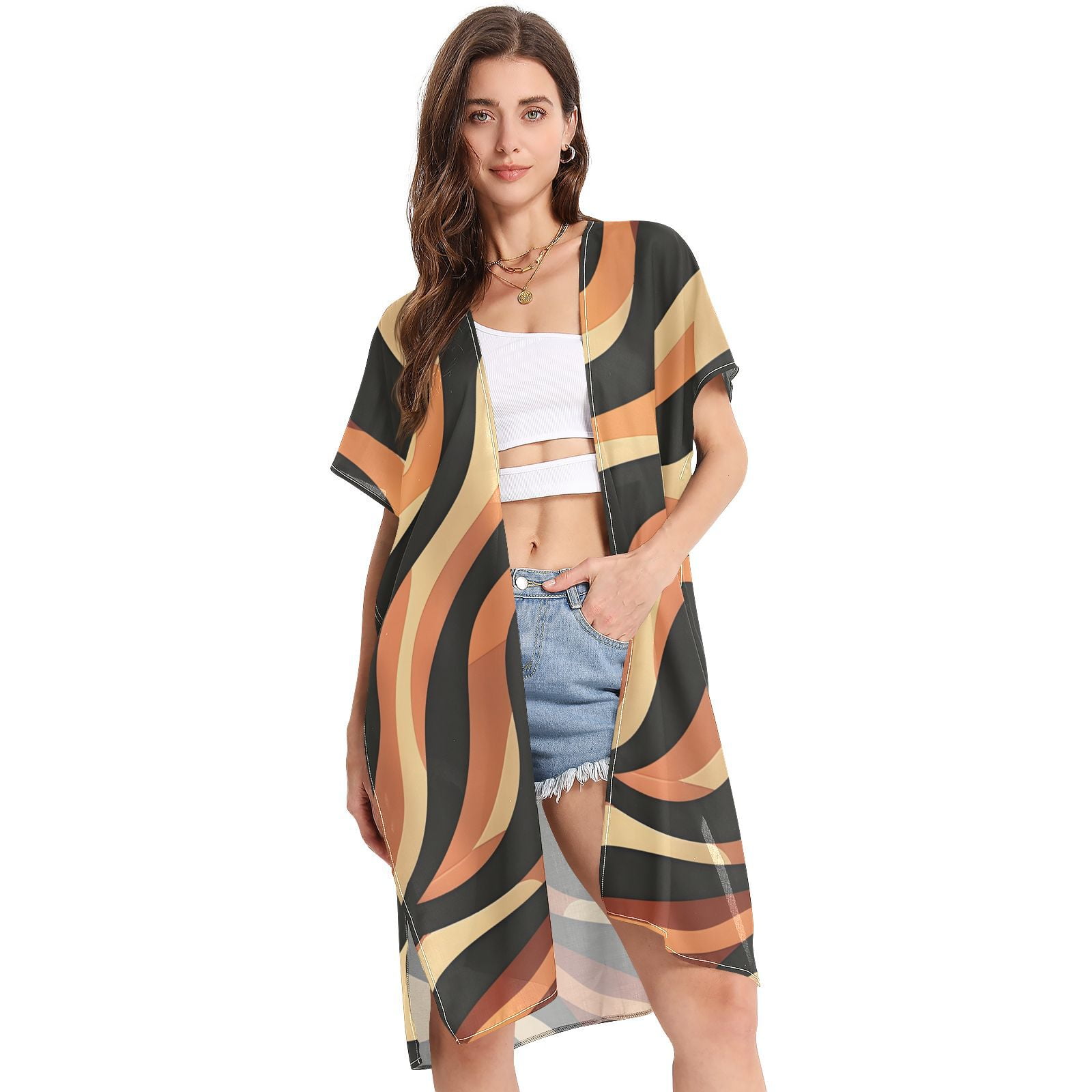 Abstract Line Wave Women Swimsuit Cover up V Neck Beach Dress Short ...