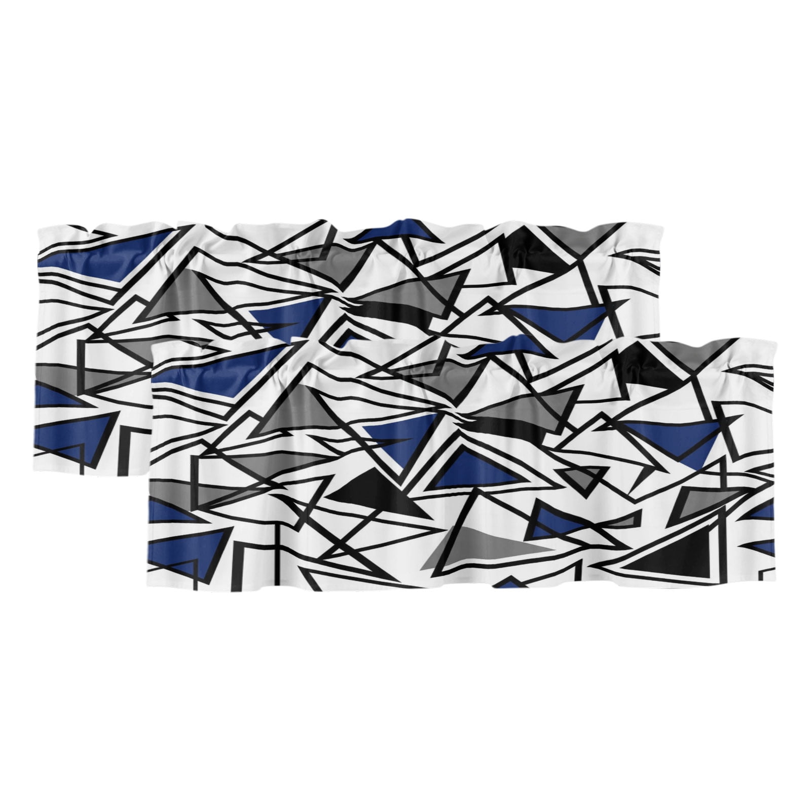 Abstract Lines 2 Panels Kitchen Valance, Black Gray Blue Triangle ...