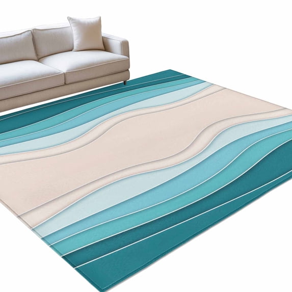 Abstract Lines 5x7ft Non Slip Area Rug Blue Beige Waves Modern Style ...