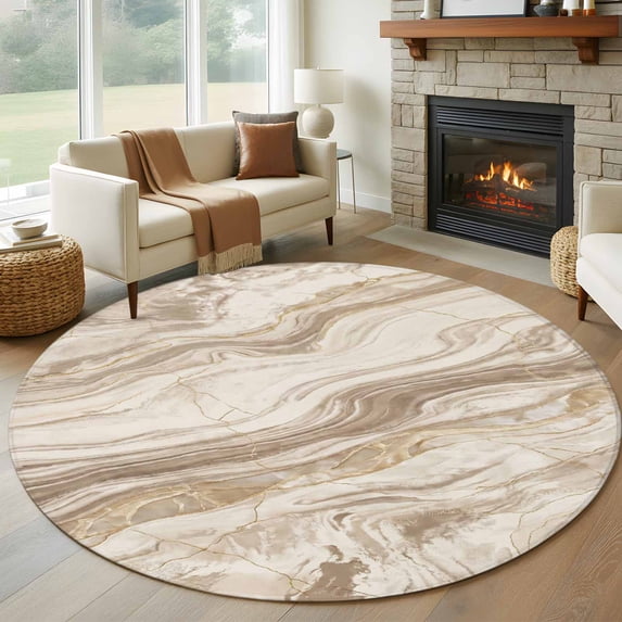 Abstract Lines 7FT Round Area Rugs for Living Room Granite Brown Marble ...