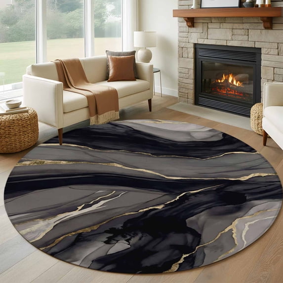 Abstract Lines 8FT Round Area Rugs for Living Room Deep Black Charcoal ...
