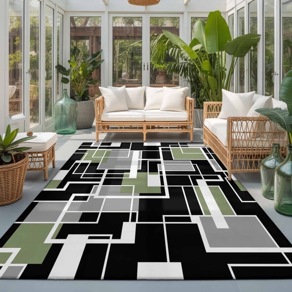 Abstract Lines Area Rugs 2.7'x5' Black Gray Green Rectangle Geometric ...