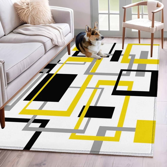 Abstract Lines Area Rugs 4x6 ft Black Yellow Geometric Square Frame ...