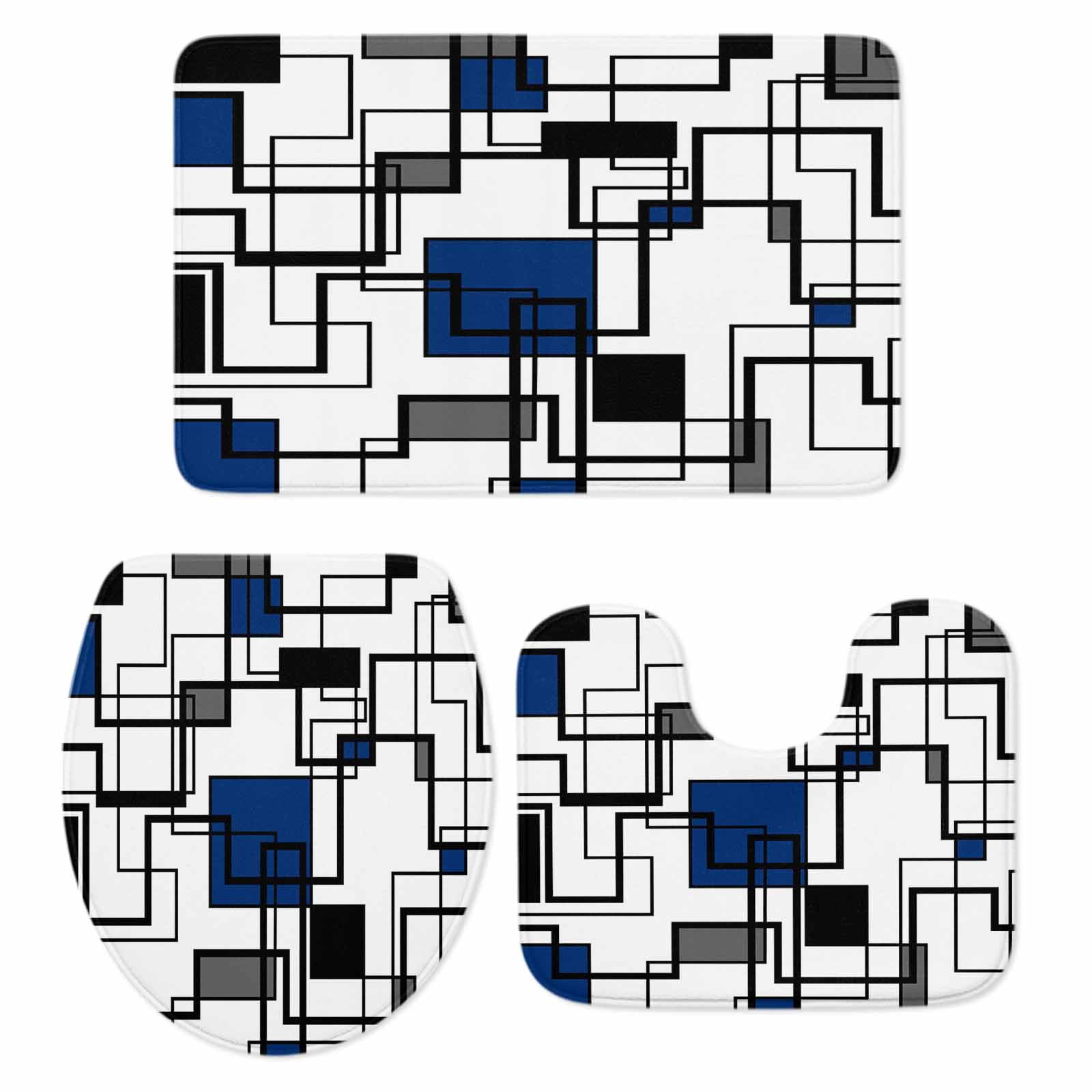 Abstract Lines Art Bathroom Rugs Set Black Blue Geometric Modern ...