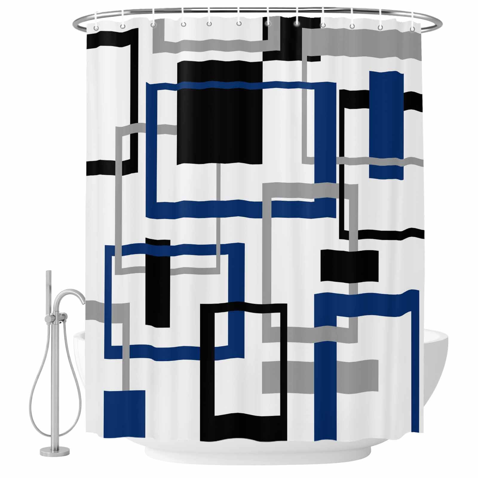 Abstract Lines Art Bathroom Shower Curtains with Hooks, Black Blue ...