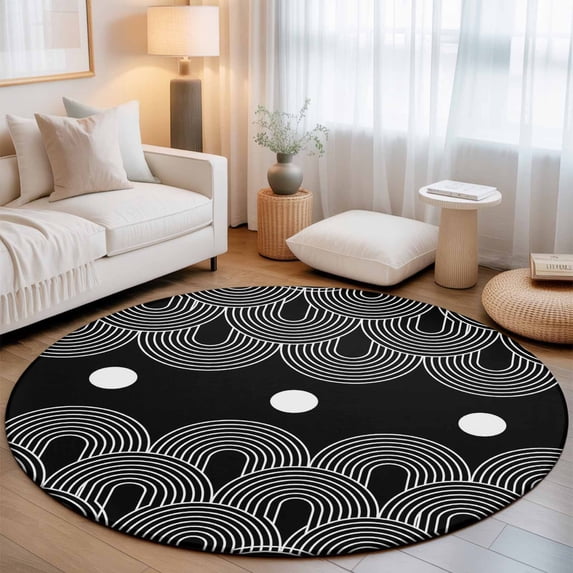Abstract Lines Art Black and White Round Rug 5ft Geometric Arch Circle ...