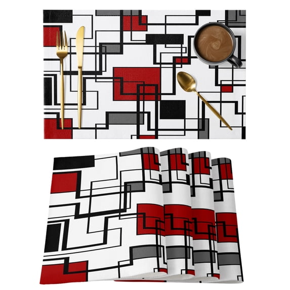 Abstract Lines Art Cotton Linen Placemats Set of 1, Black Red Geometric ...