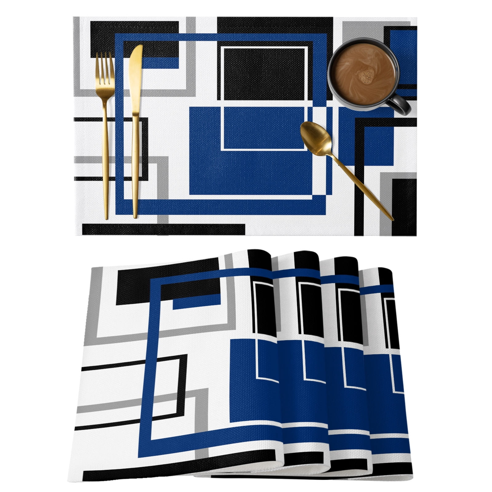 Abstract Lines Art Cotton Linen Placemats Set of 12, Black Blue ...
