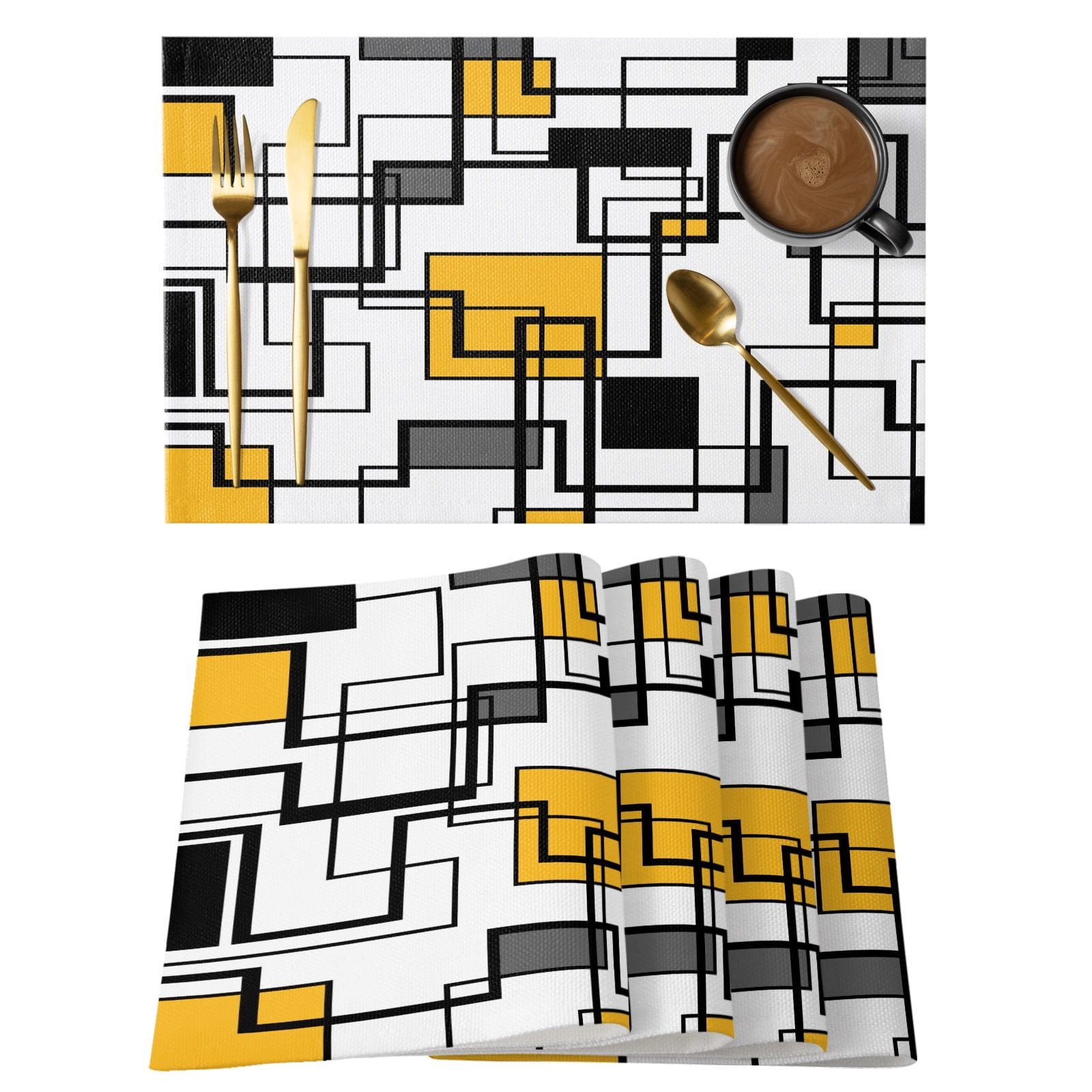 Abstract Lines Art Cotton Linen Placemats Set of 12, Black Yellow ...
