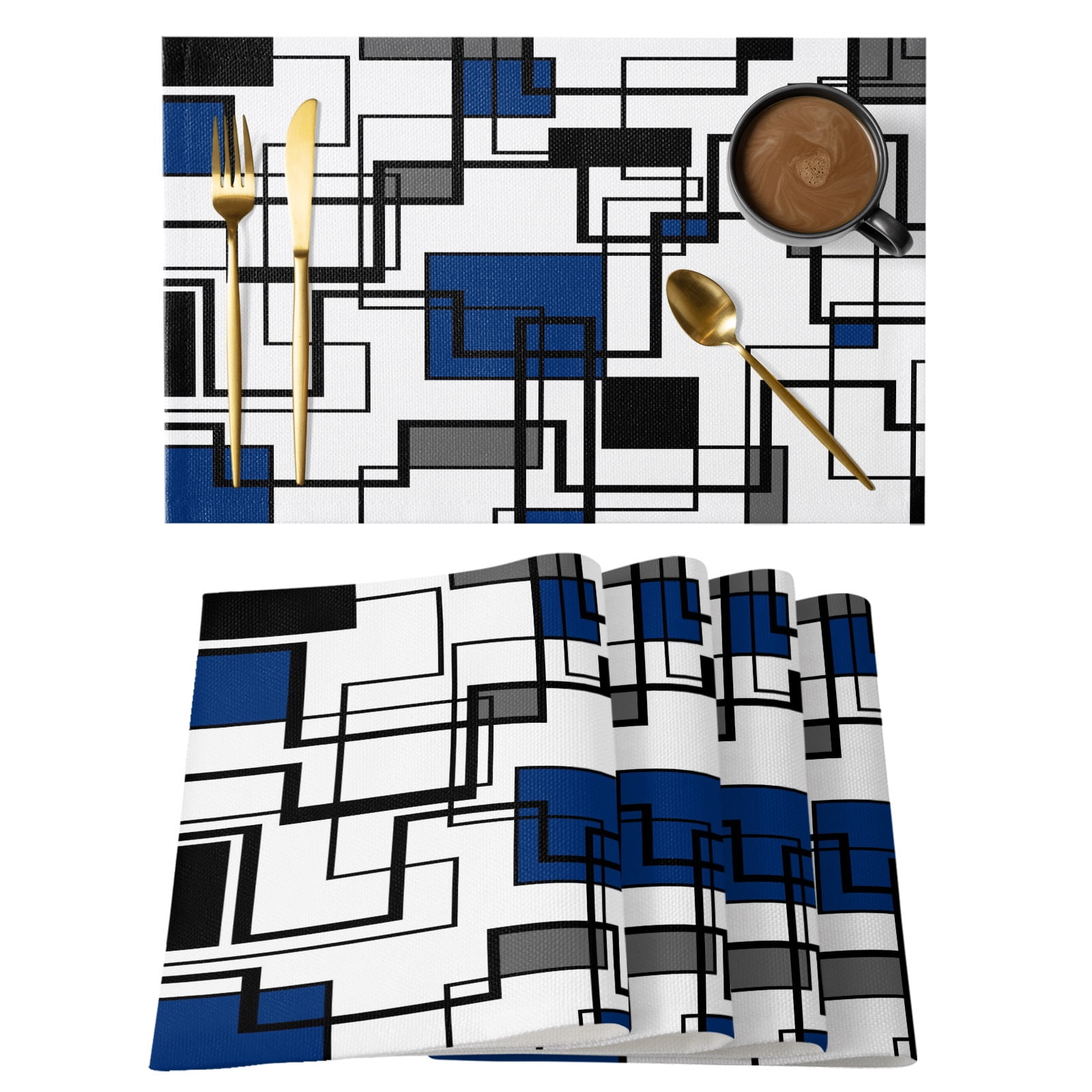 Abstract Lines Art Cotton Linen Placemats Set of 6, Black Blue ...