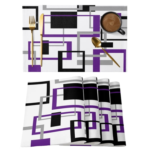 Abstract Lines Art Cotton Linen Placemats Set of 6, Black Purple ...