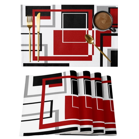 Abstract Lines Art Cotton Linen Placemats Set of 6, Black Red Geometric ...