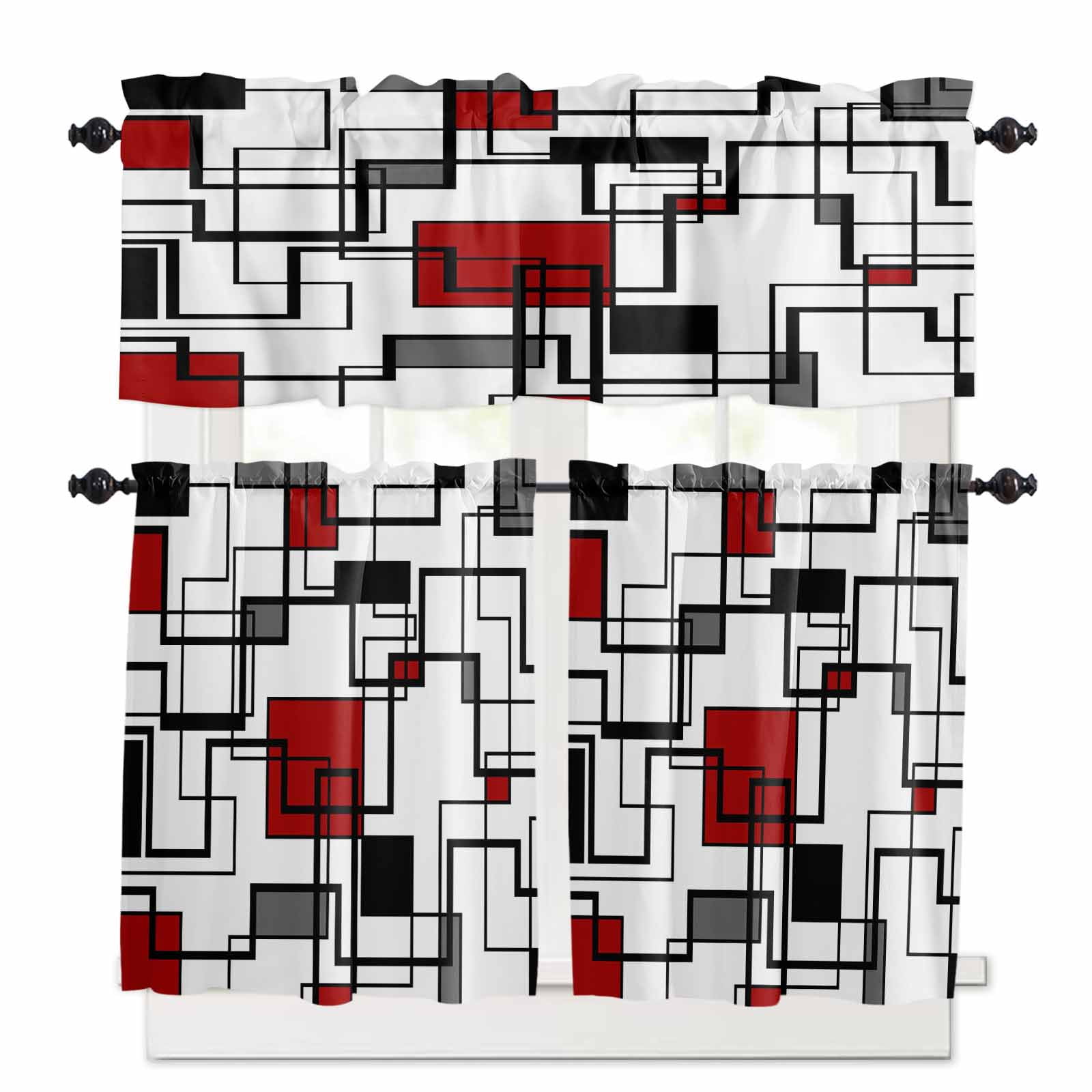 Abstract Lines Art Kitchen Curtains Valance and Tier Set Black Red ...