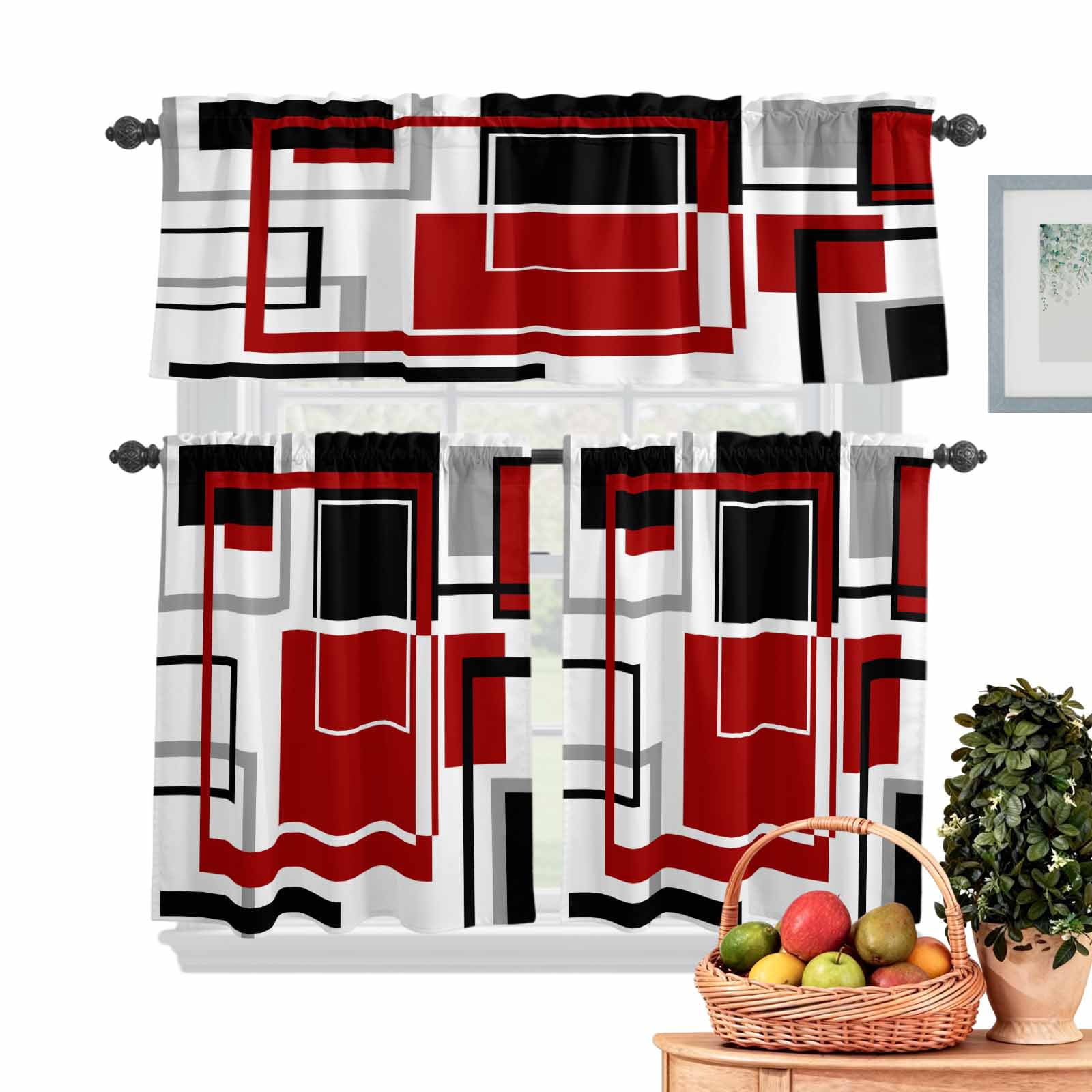 Abstract Lines Art Kitchen Curtains Valances 3 Piece Set, Black Red ...