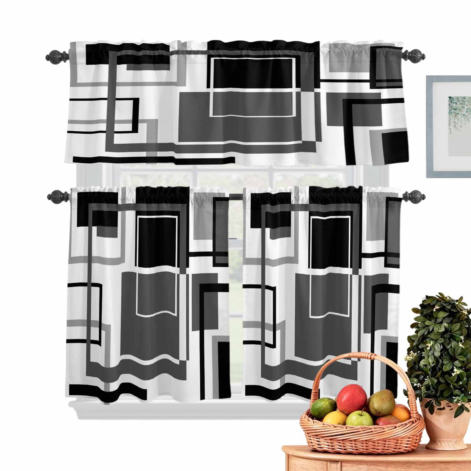 Abstract Lines Art Kitchen Curtains Valances 3 Piece Set, Black White ...