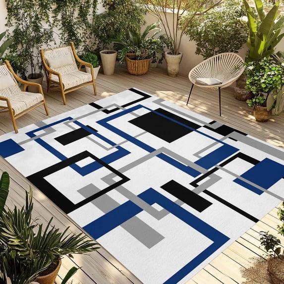Abstract Lines Art Outdoor Rug, Black Blue Geometric Square Frame Non ...