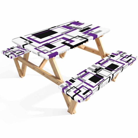 Abstract Lines Art Picnic Table Cover with Bench Covers Black Purple ...