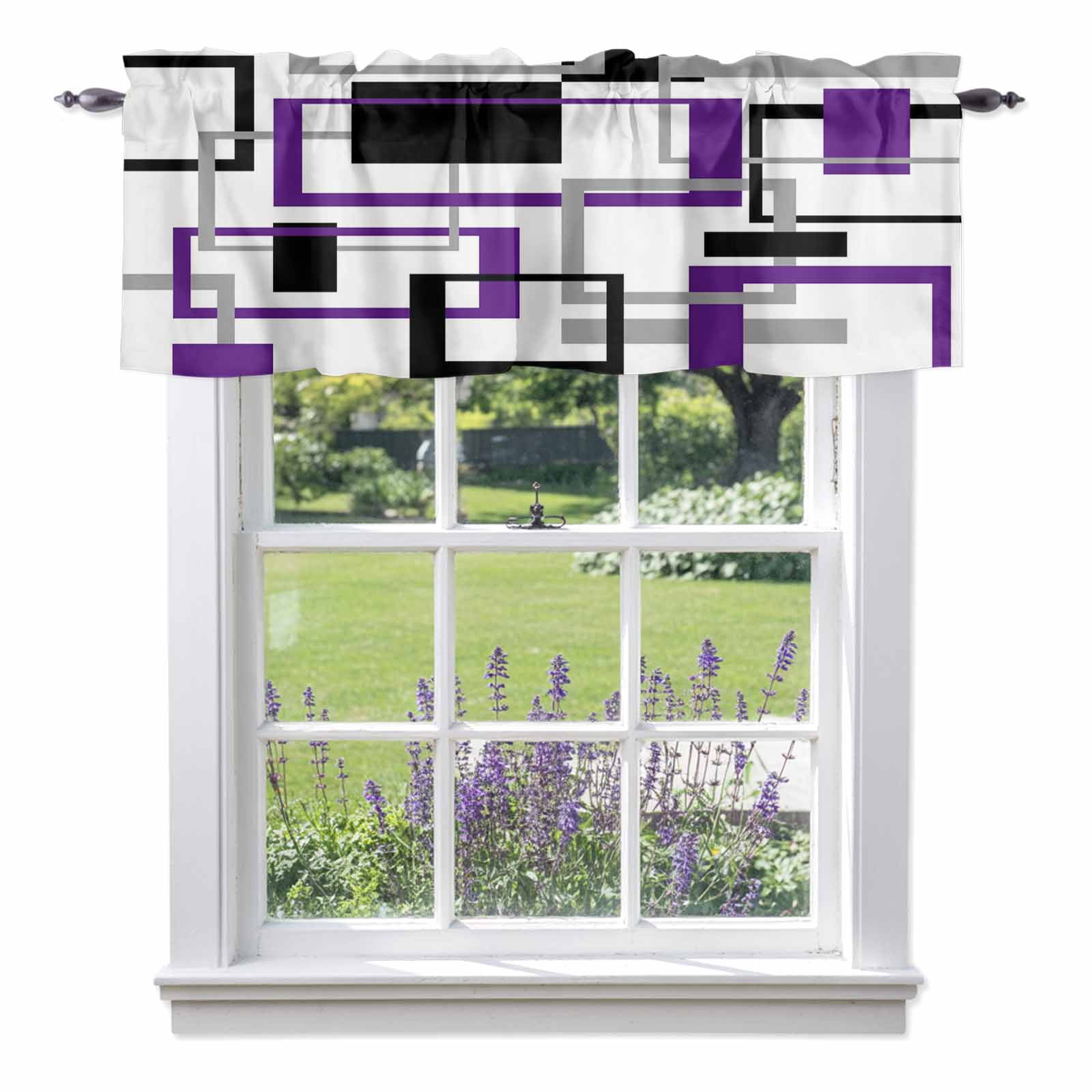 Abstract Lines Art Valance Curtain Black Purple Geometric Square Frame ...