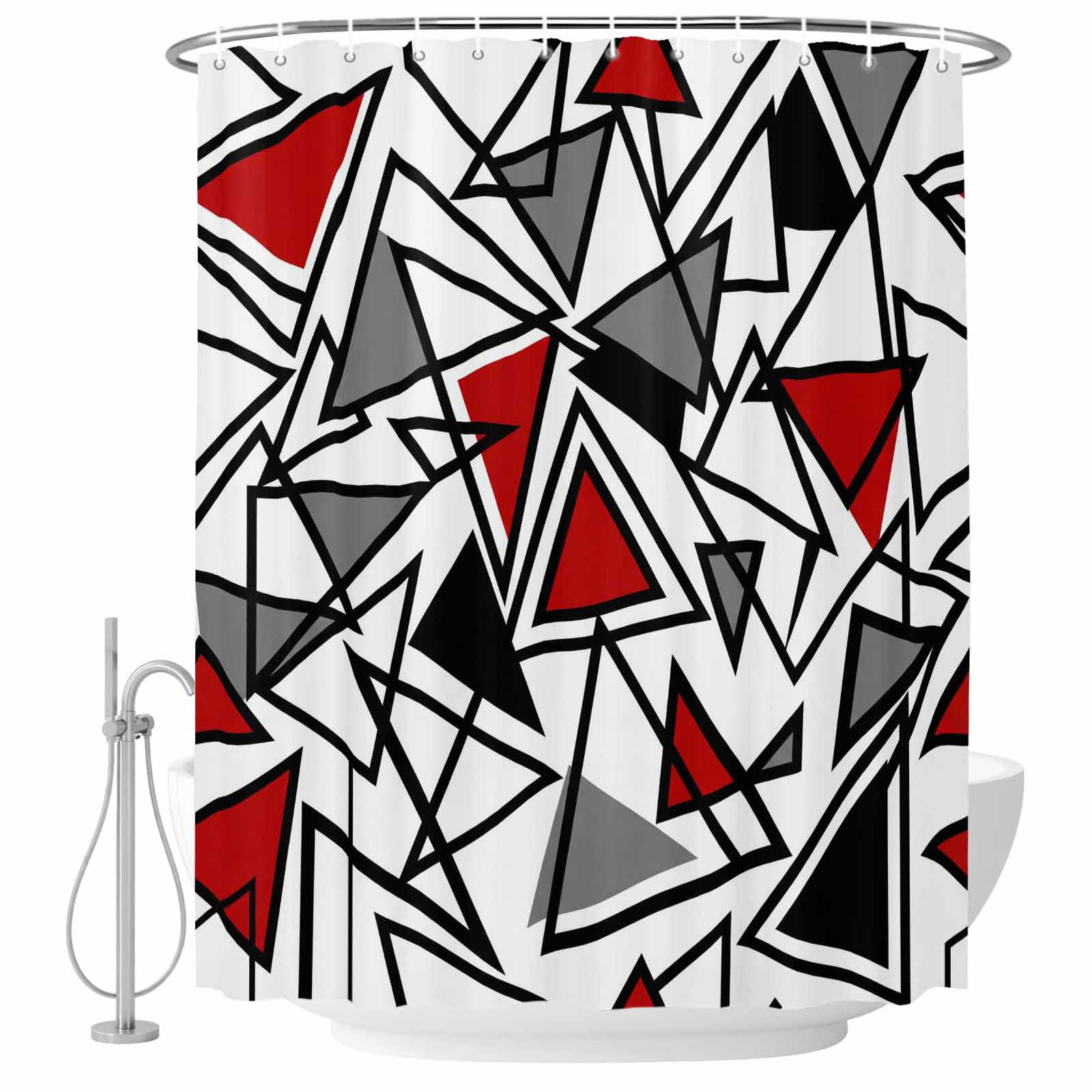 Abstract Lines Bathroom Shower Curtains with Hooks, Black Gray Red ...