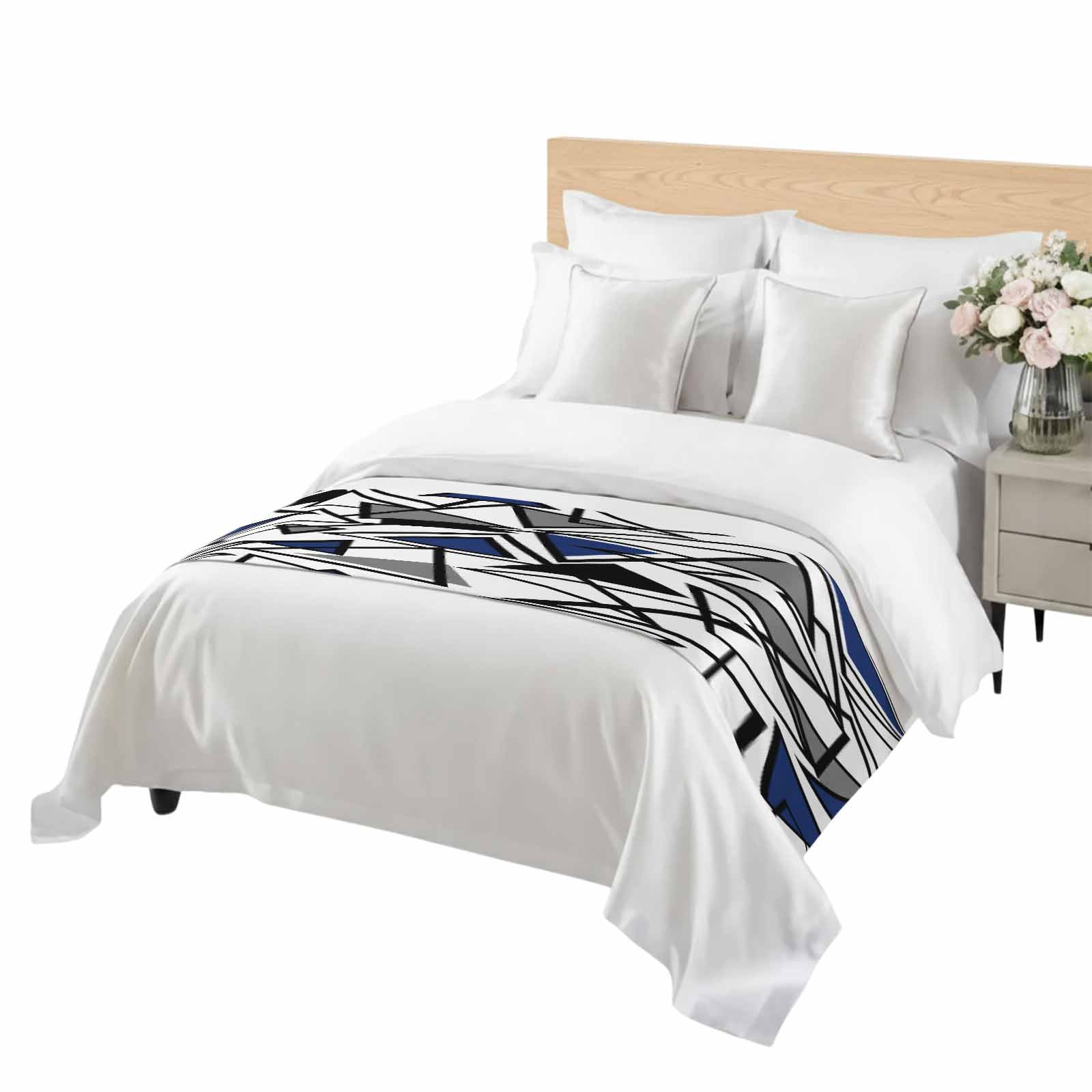 Abstract Lines Bed Runner Queen Size Black Gray Blue Triangle Geometric ...