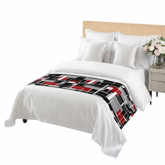 Abstract Lines Bed Runner Queen Size Black Gray Red Rectangle Geometric ...