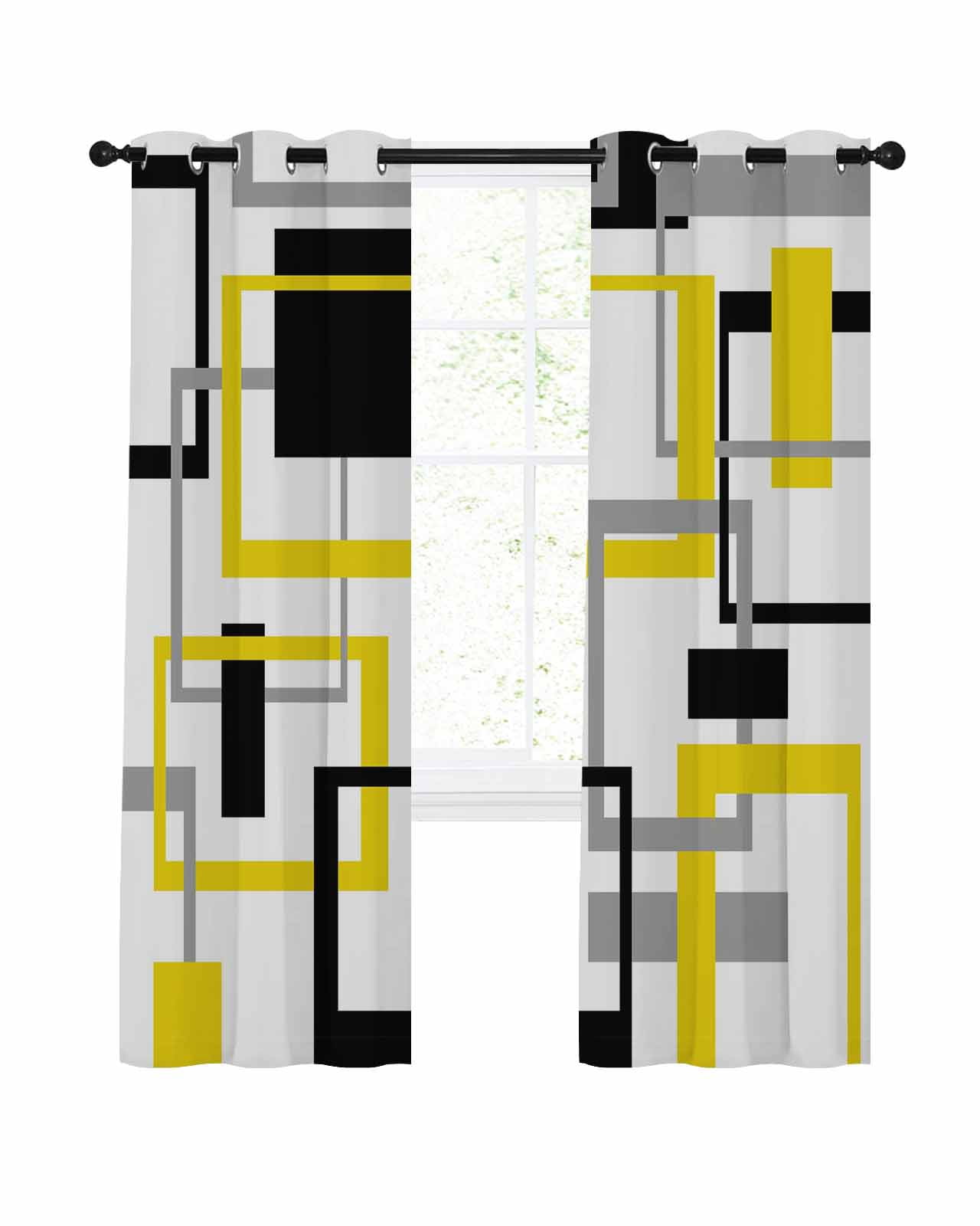 Abstract Lines Blackout Curtains 96 Inch Length Black Yellow Geometric ...