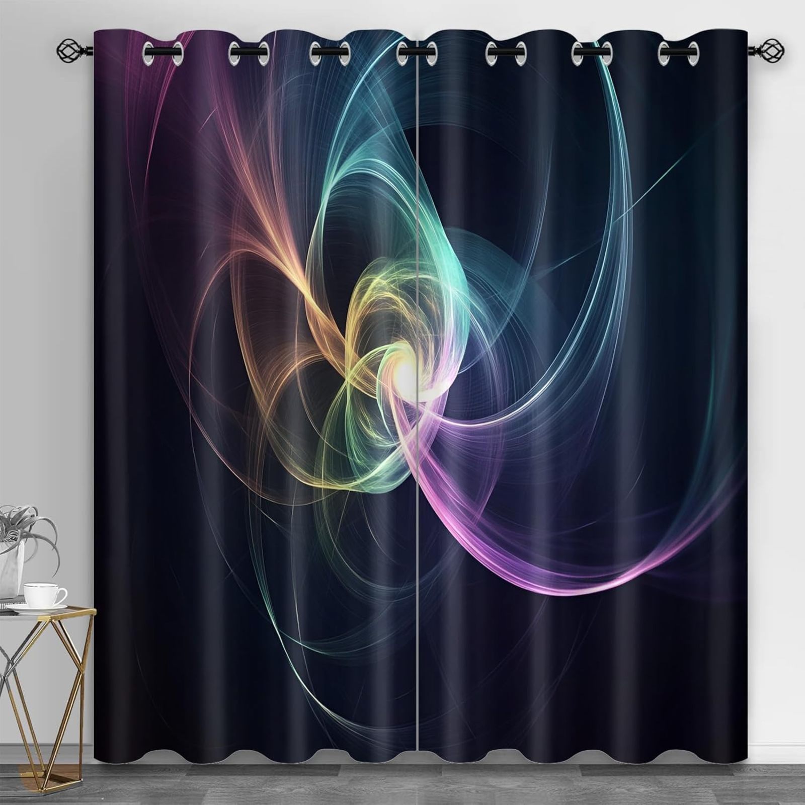 Abstract Lines Blackout Curtains, Neon Lines Curtains For Living Room ...