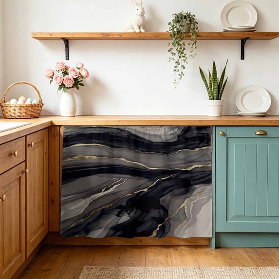 Abstract Lines Cabinet Curtains 28" W x 35" L Deep Black Charcoal Gray ...